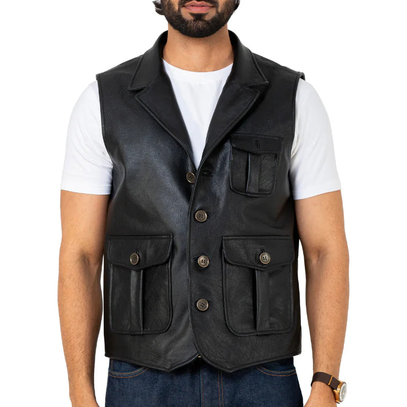 Men Slim Fit Half Sleeve Leather Jacket