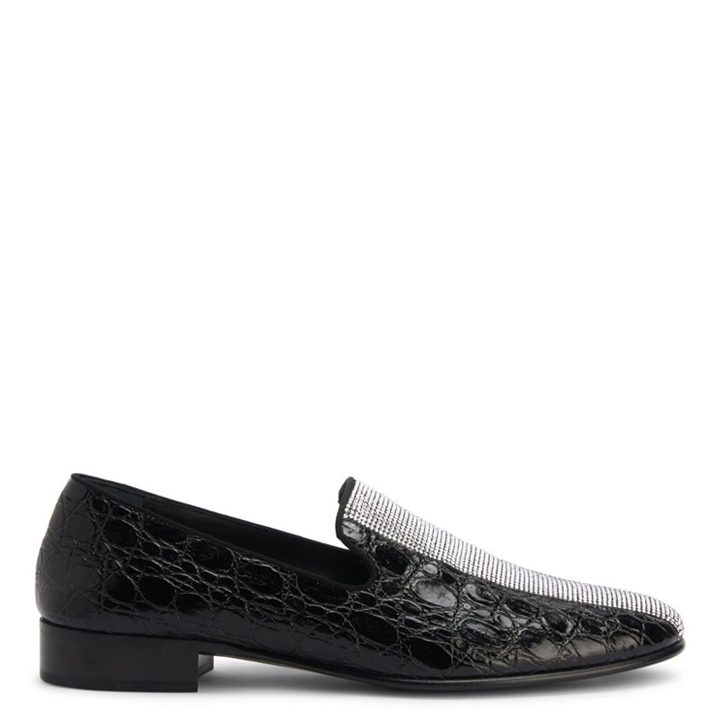 Croco Textured Handmade Design Leather Fashion Black Loafer